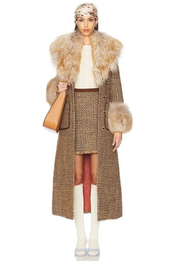 Valentino Garavani Fantasy Tweed Fur Trimmed Coat - Marrone